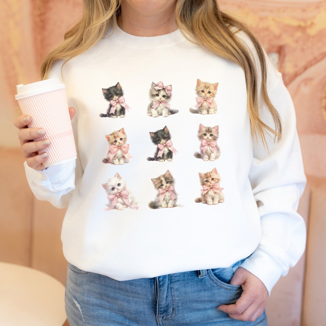 Coquette Sweatshirt Cute Kittens and Bows, Trendy Cat Lover Crewneck ...