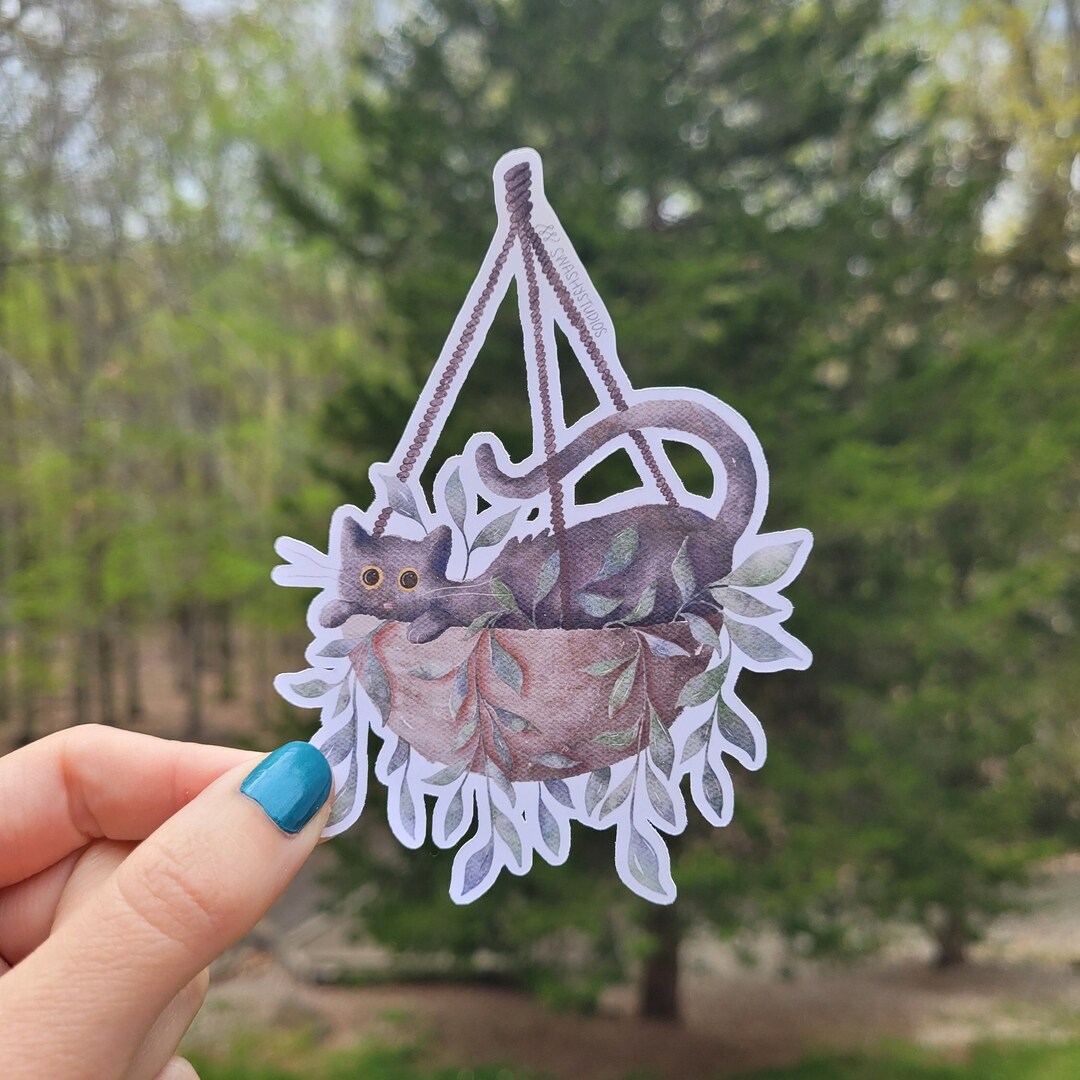 Cat Basket Sticker | Hanging Planter Kitten Watercolor Sticker | Matte ...