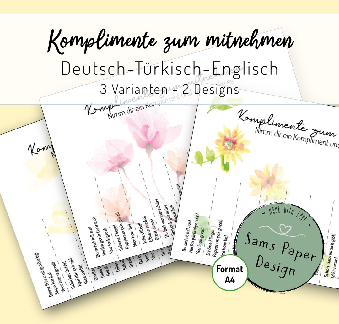 Compliments to Take Away in German, Turkish & English A4 International ...