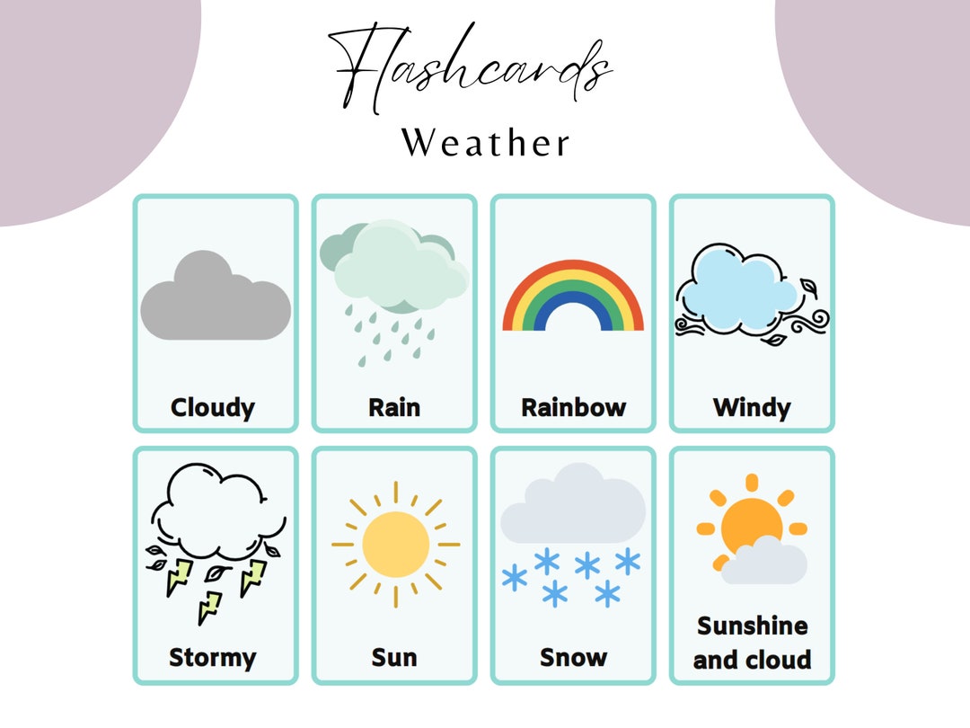 Weather Flashcards Flash Cards for Kids Home Schooling Types of Weather ...