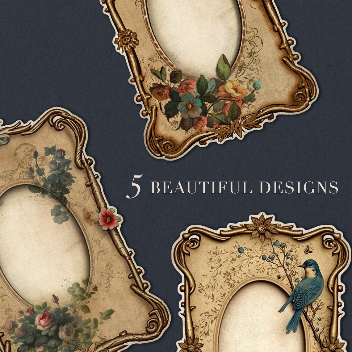 Vintage Ornate Flowery Frames, Junk Journal Printable Inserts, Birds ...