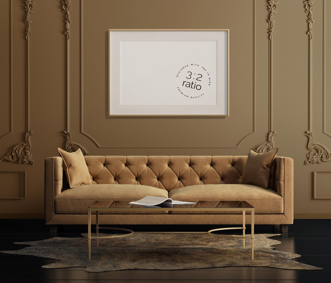 Neoclassical Gold Sofa Poster Mockup, Luxe Loft Interior (36x24, 3:2 ...