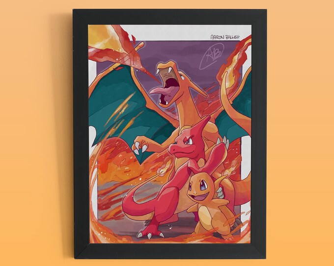 Kanto Fire Evolutions Watercolor Poster Pokemon Decor Charmander Wall ...