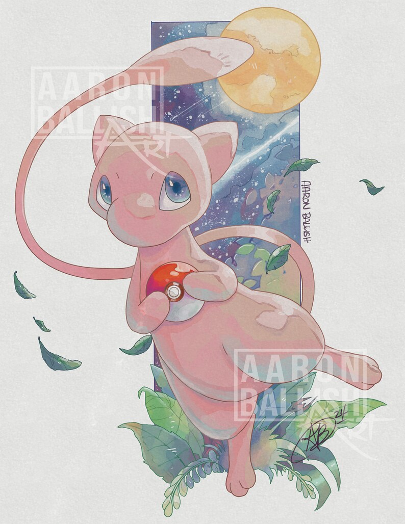 Moonlight Mew Watercolor Poster Pokemon Decor Squirtle Wall Art ...