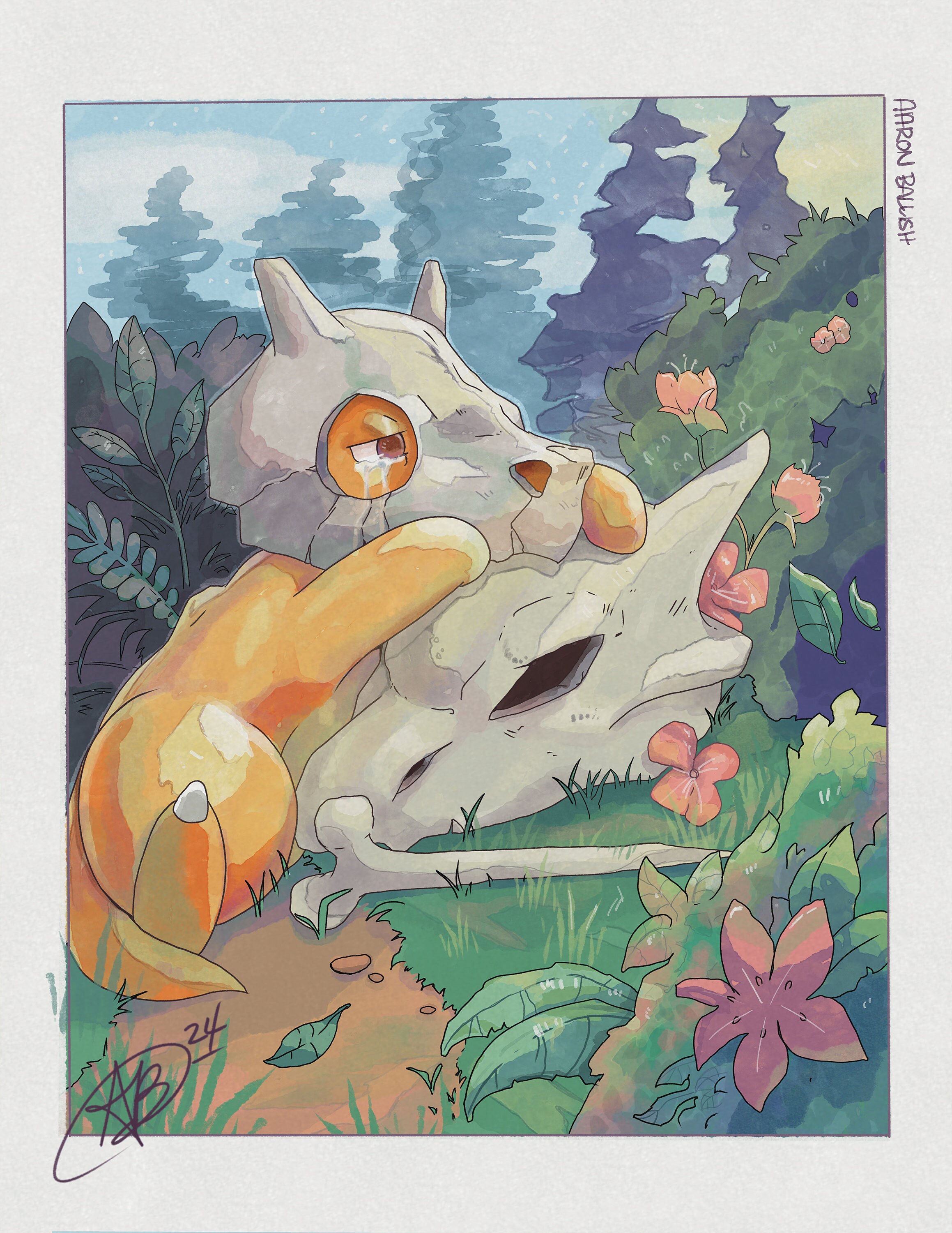 Cubone Watercolor Poster Pokemon Decor Cubone Wall Art Pika Anime Pkm ...