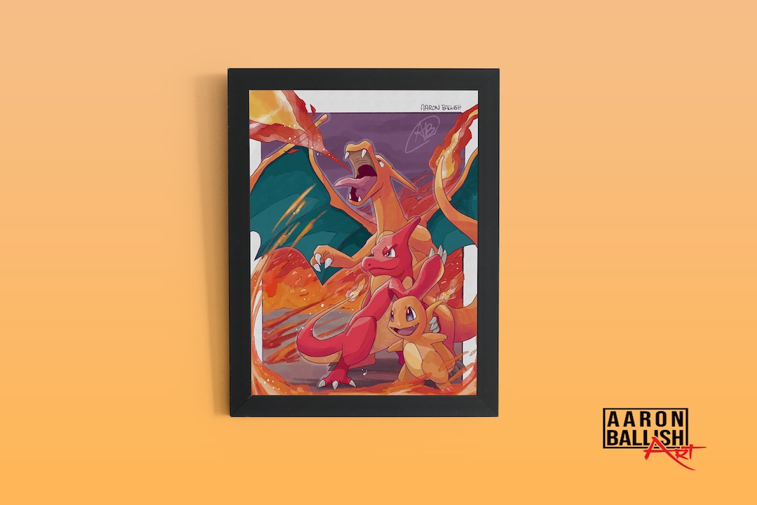 Kanto Fire Evolutions Watercolor Poster Pokemon Decor Charmander Wall ...
