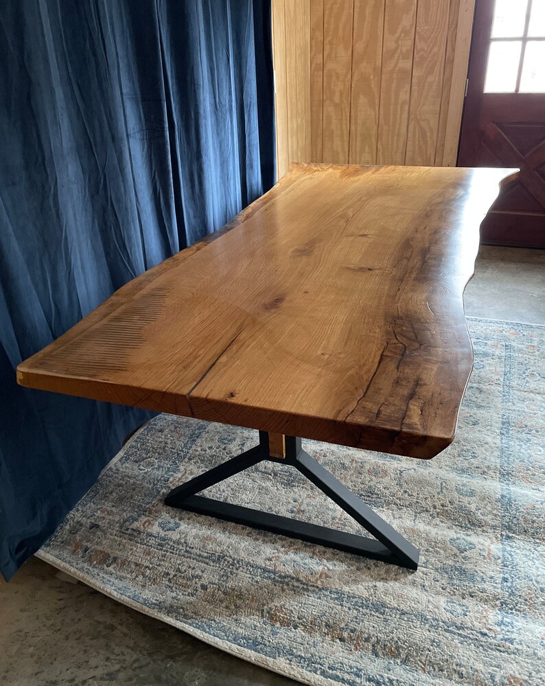 Single Slab 8’ Live Edge White Oak Dining Table With Epoxy Fill and X ...