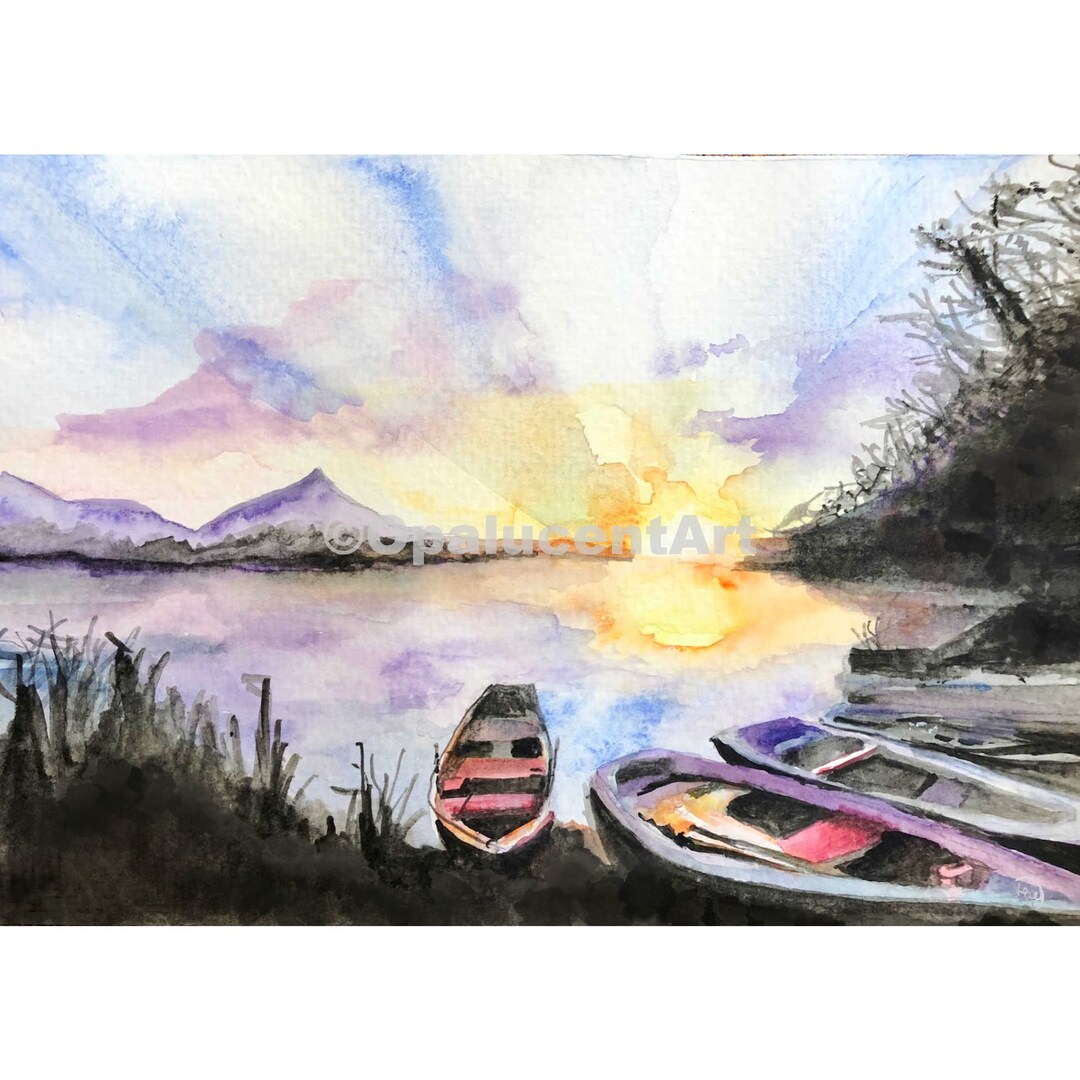 10-pack Folded Cards: Lake Watercolor Painting, Sunrise Art, Landscape ...