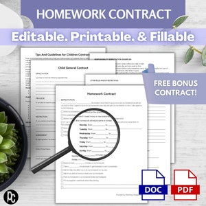 Editable Homework Contract for Kids Study Contract Student School ...