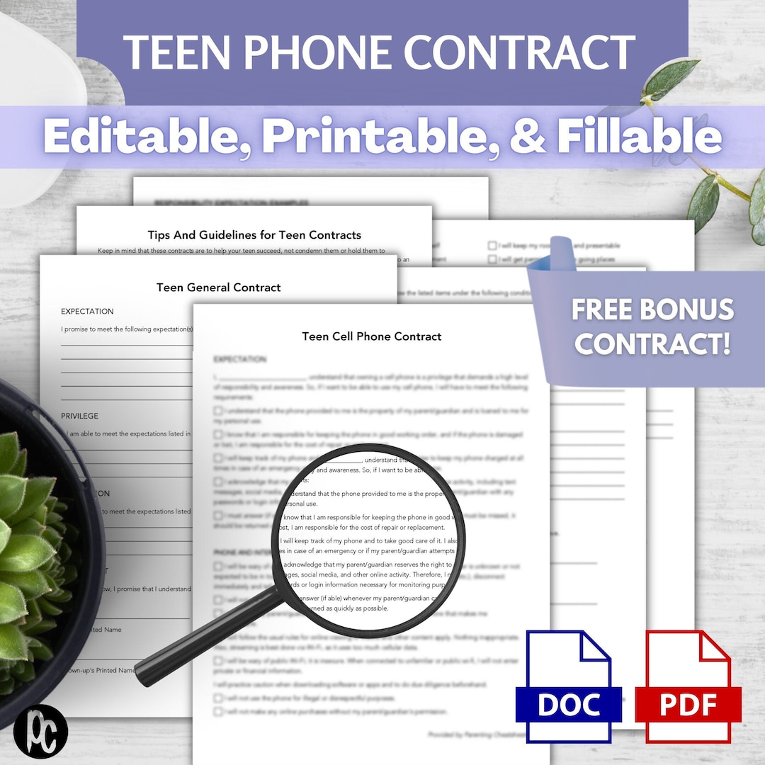 Teenage Phone Contract Teen Cell Phone Agreement Teenage Phone Usage ...