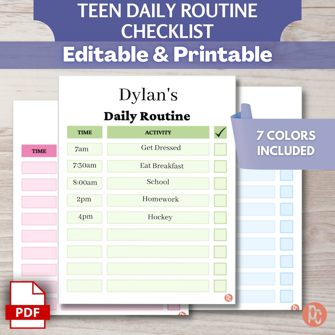 Customizable Daily Routine Checklist for Teens Editable Teen Daily ...