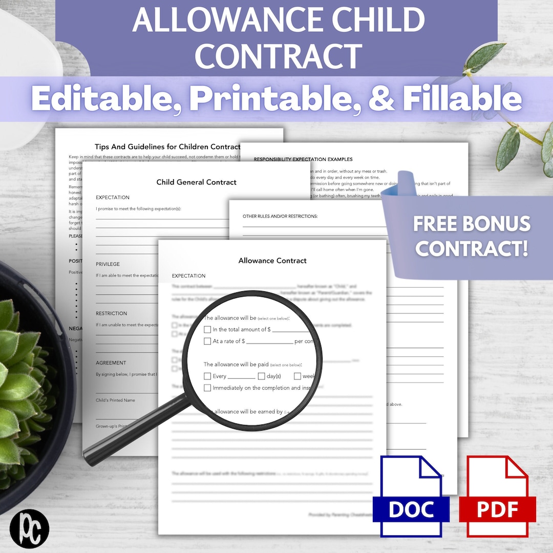 Customizable Allowance Contract for Kids Kid's Allowance Agreement ...
