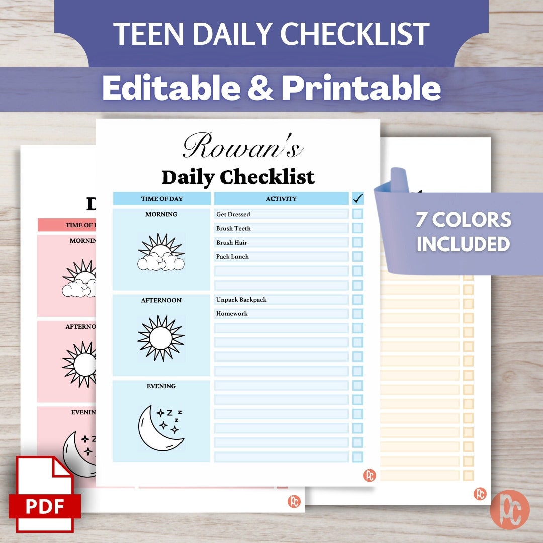 Personalized Daily Checklist for Teens Editable Daily Organizer and ...