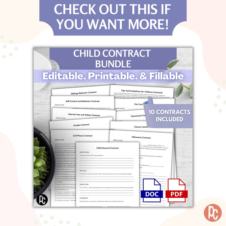 Printable Chore Contract for Kids Editable Child Responsibility ...