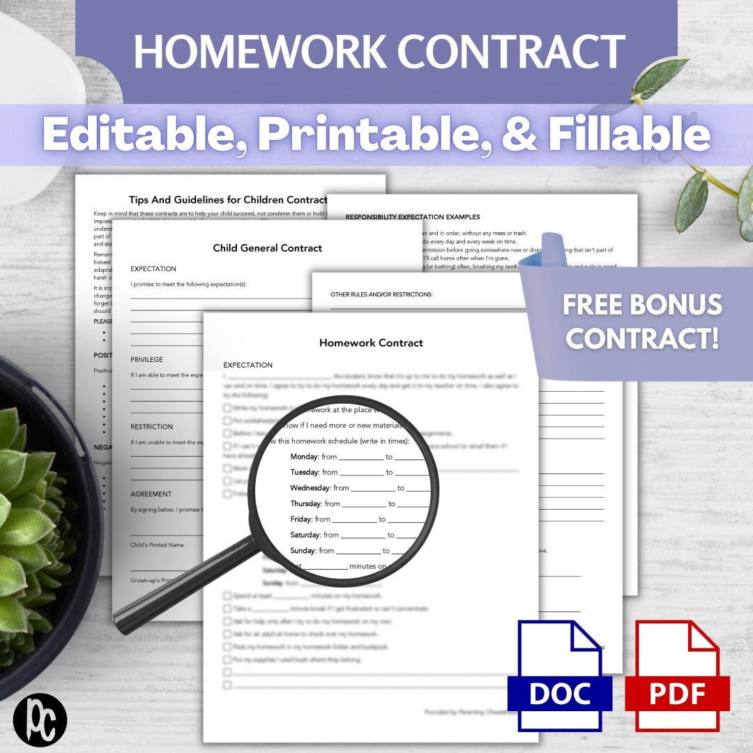 Editable Homework Contract for Kids Study Contract Student School ...