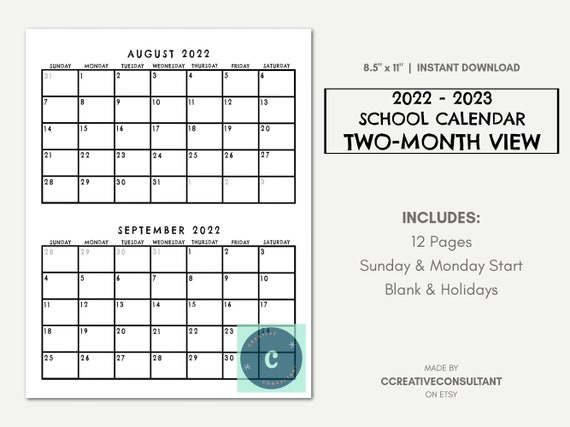 2022-2023 Printable School Calendar Two Month View Sunday - Etsy