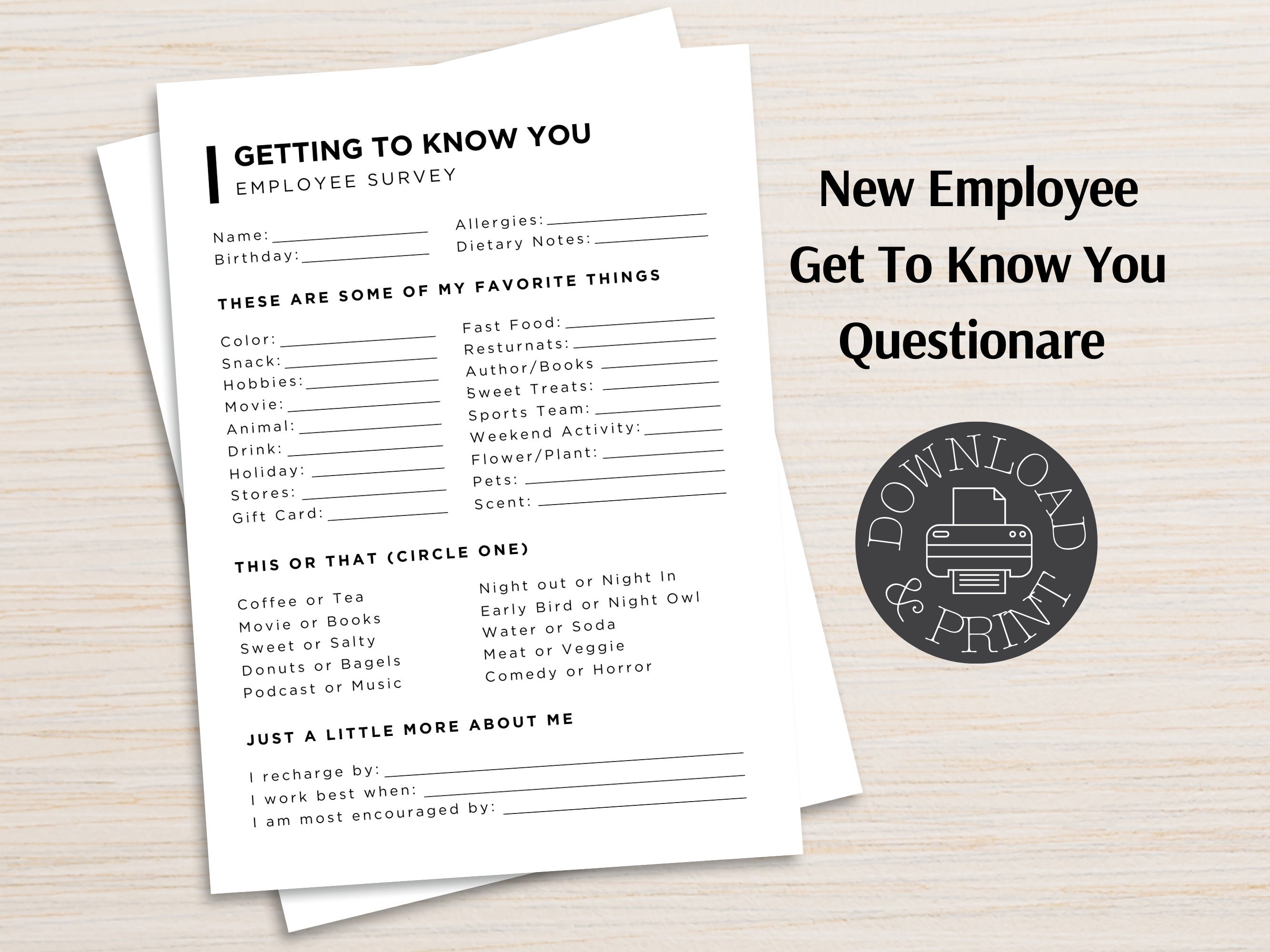 Getting to Know You Printable Form, Questions for New Employee, All ...