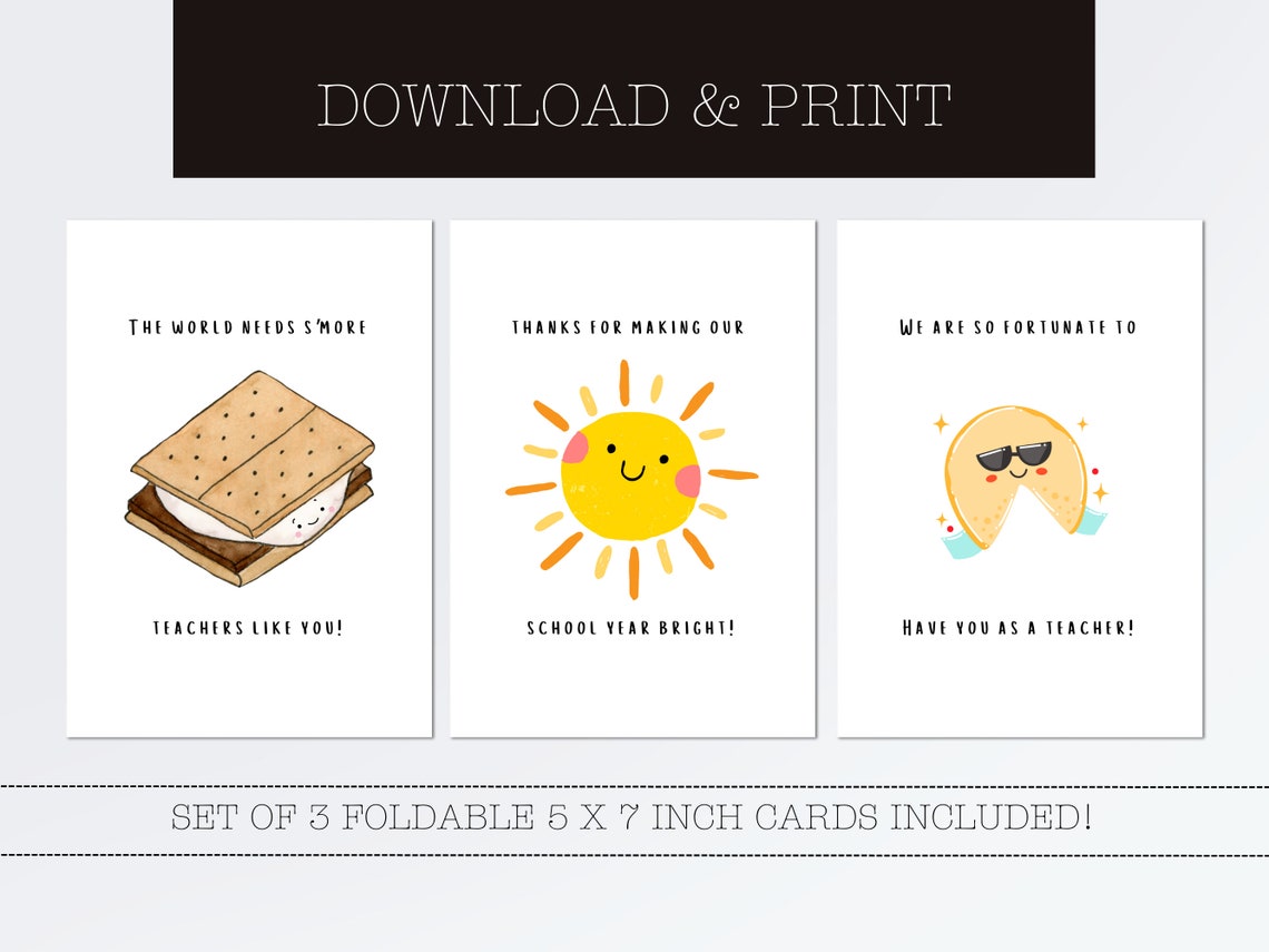 Set of 3 Printable Cards for Teachers, Cute Teacher Appreciation ...