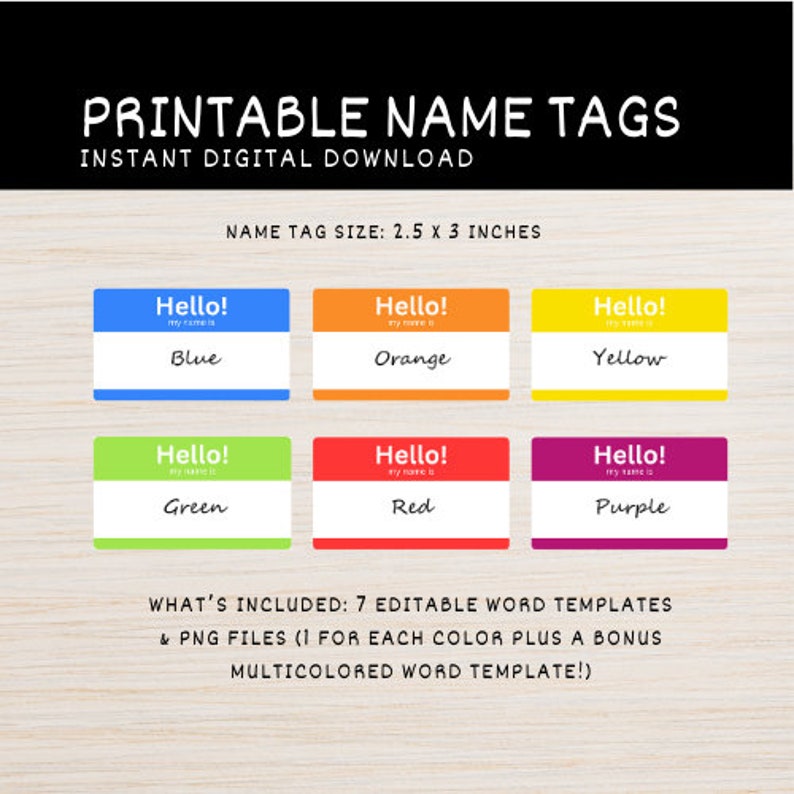 Hello My Name is Printable Name Tag 6 Colors 2.5 X 3 Inches - Etsy