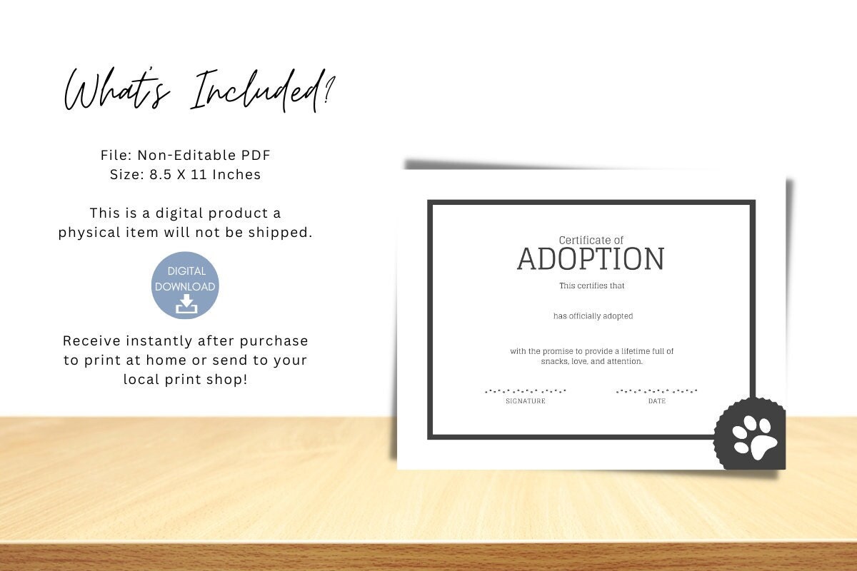 Novelty Pet Adoption Certificate, Printable PDF, Gift for New Pet Owner ...