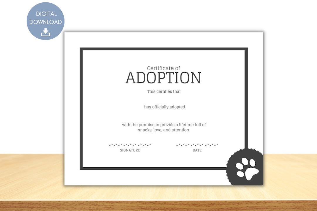 Novelty Pet Adoption Certificate, Printable PDF, Gift for New Pet Owner ...