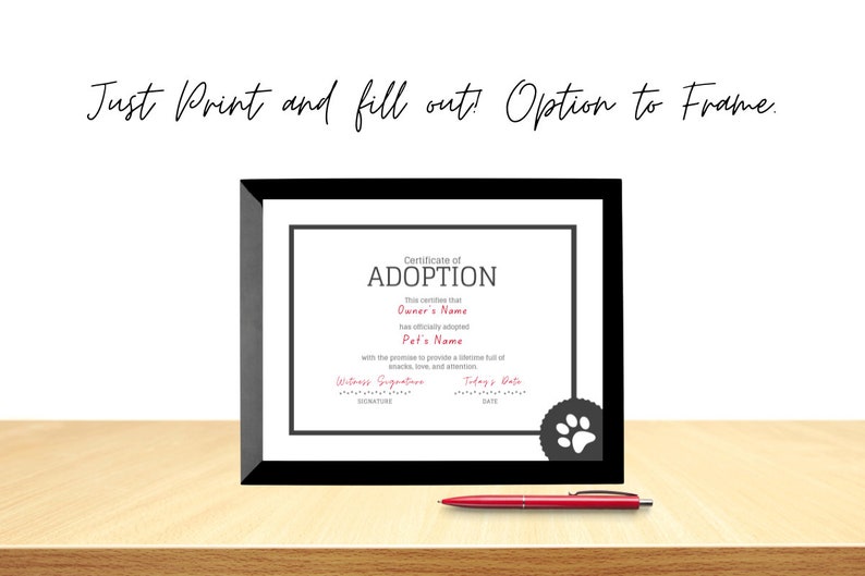 Novelty Pet Adoption Certificate, Printable PDF, Gift for New Pet Owner ...