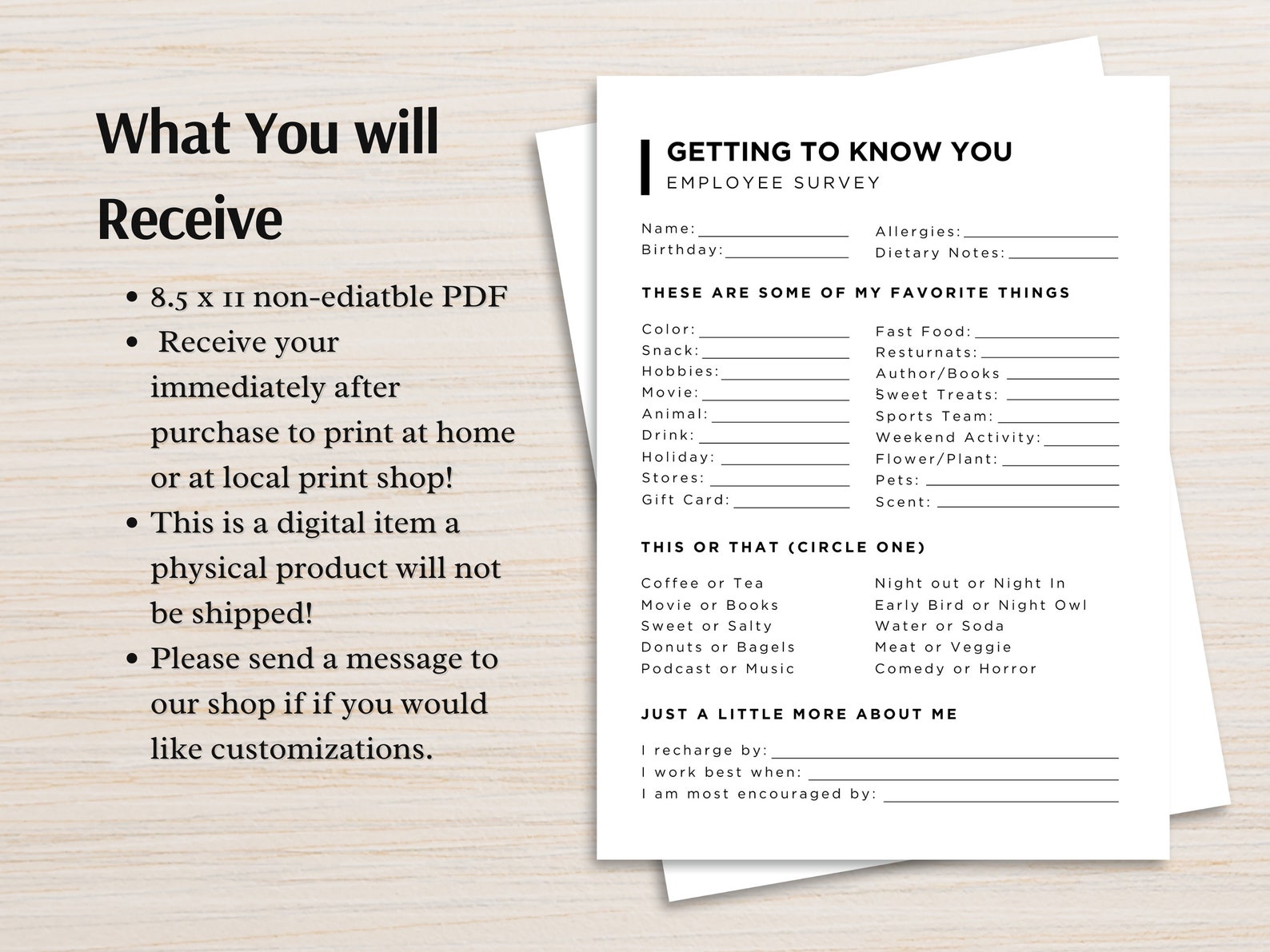 Getting to Know You Printable Form, Questions for New Employee, All ...