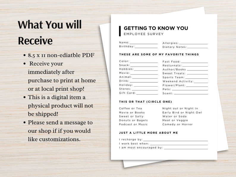 Getting to Know You Printable Form, Questions for New Employee, All ...