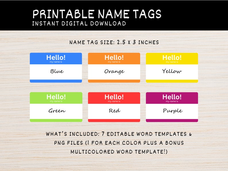 Hello My Name is Printable Name Tag, 6 Colors, 2.5 X 3 Inches, Editable ...