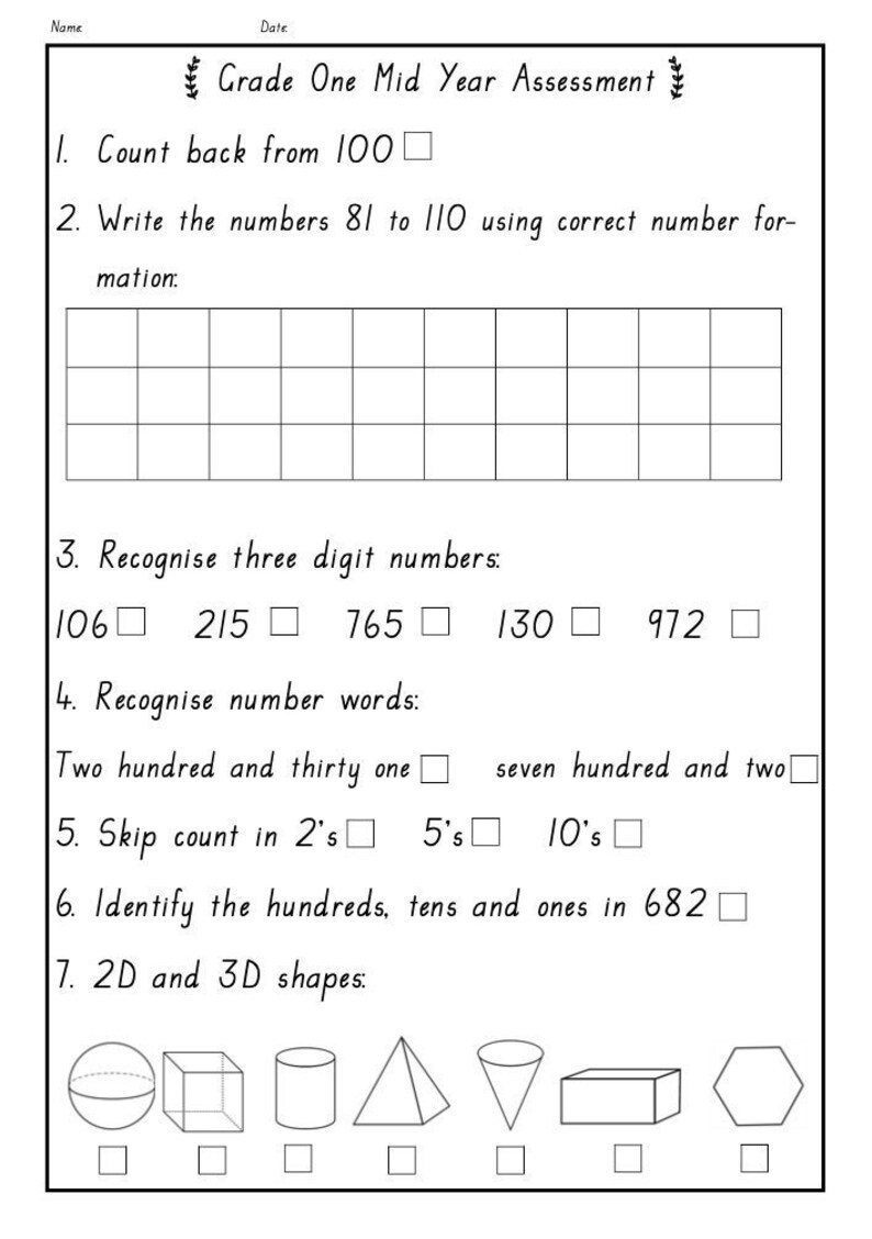 Grade One Mid Year Maths Assessment - Etsy