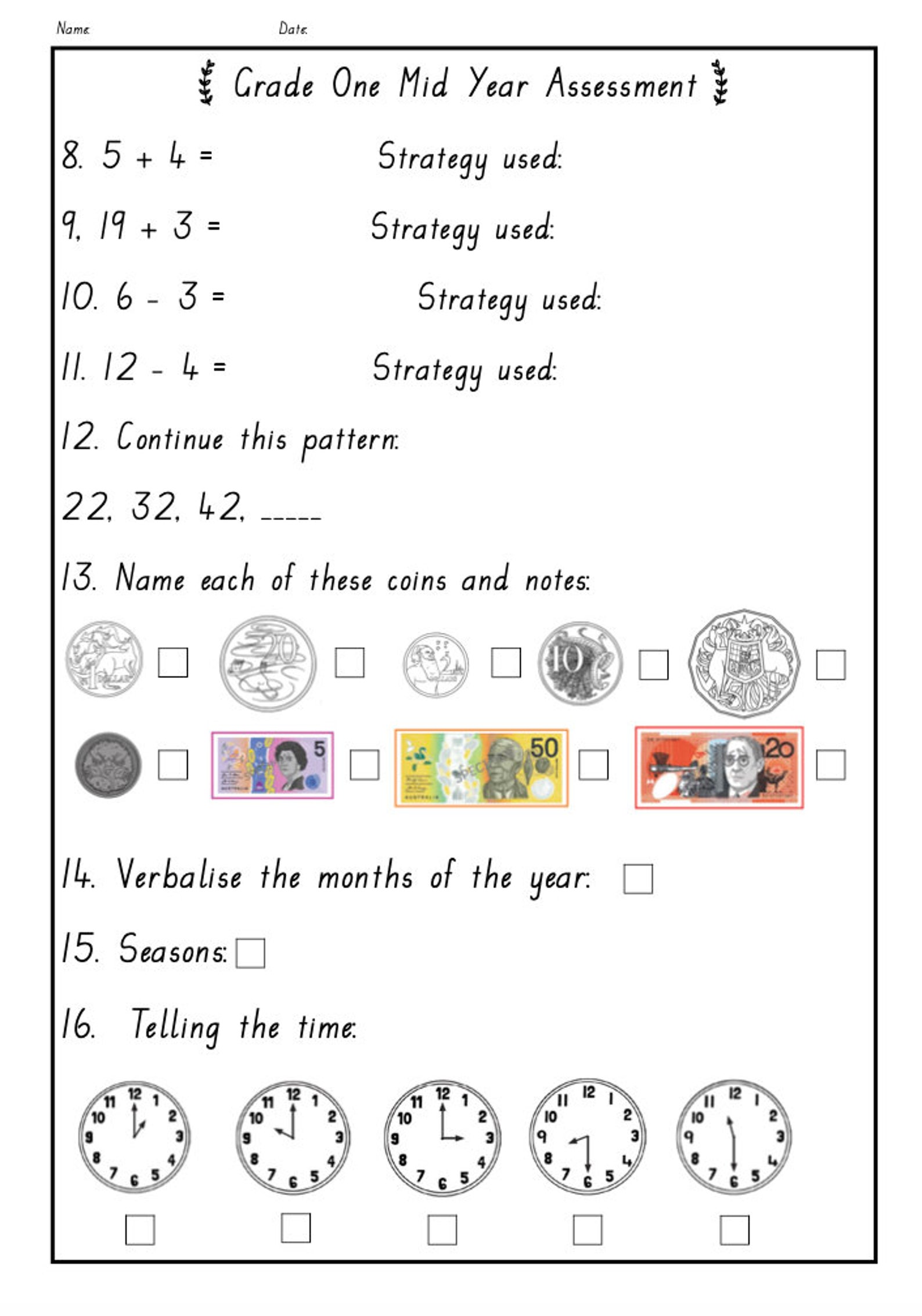 Grade One Mid Year Maths Assessment - Etsy