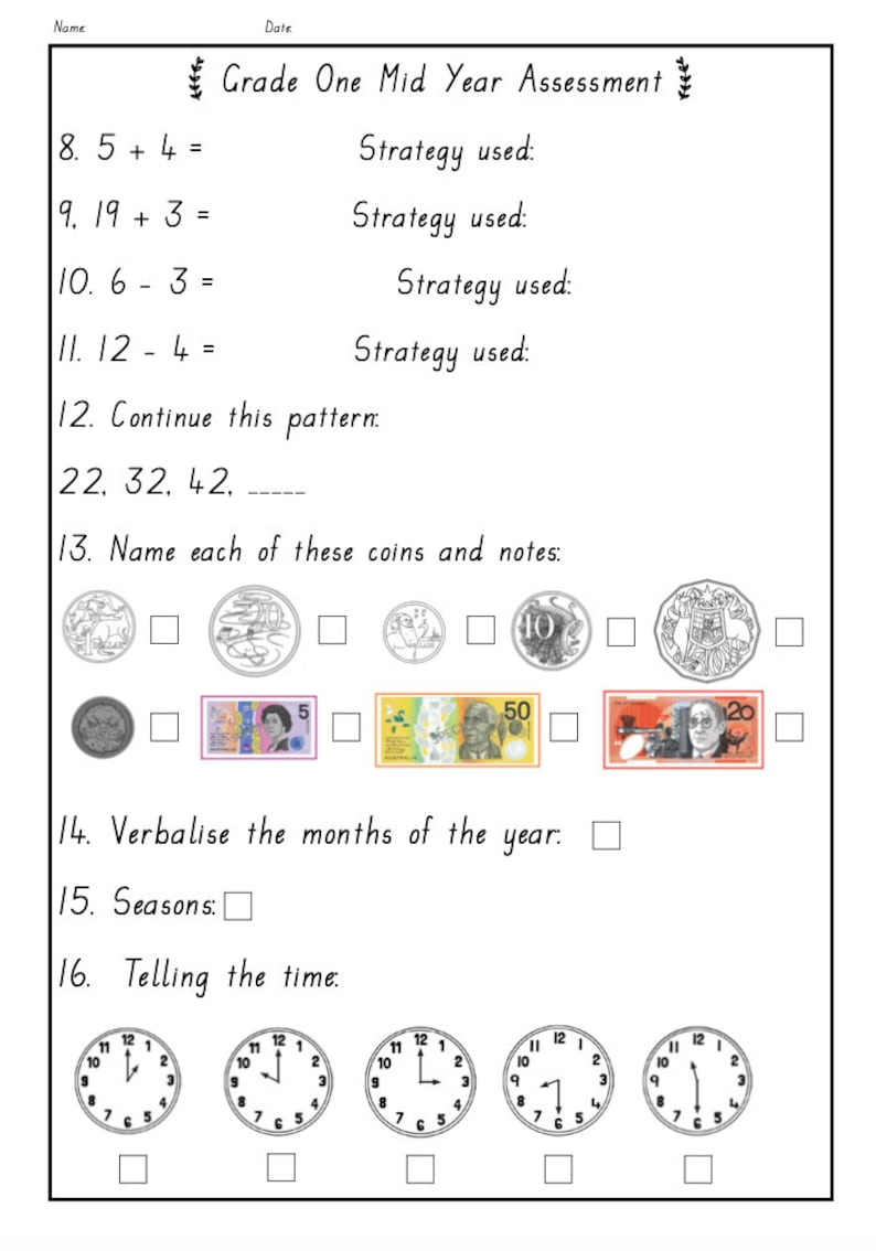Grade One Mid Year Maths Assessment - Etsy