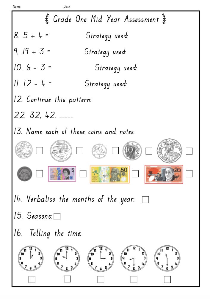 Grade One Mid Year Maths Assessment - Etsy