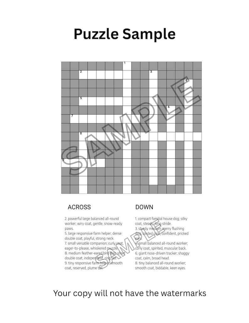 Dog Breed Crossword Puzzle Printable – 300+ Clues – PDF Instant ...