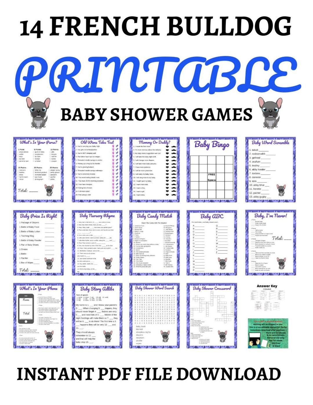 14 Printable French Bulldog Baby Shower Games & Answer Key Bundle, Baby ...