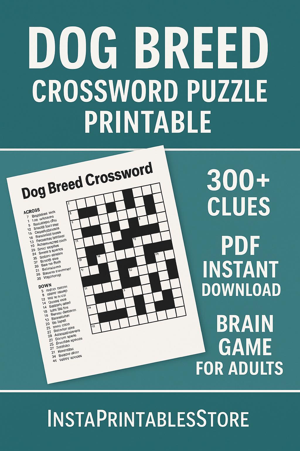 Dog Breed Crossword Puzzle Printable – 300+ Clues – PDF Instant ...