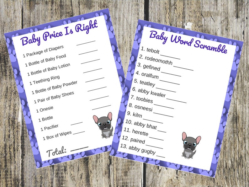 14 Printable French Bulldog Baby Shower Games & Answer Key Bundle, Baby ...