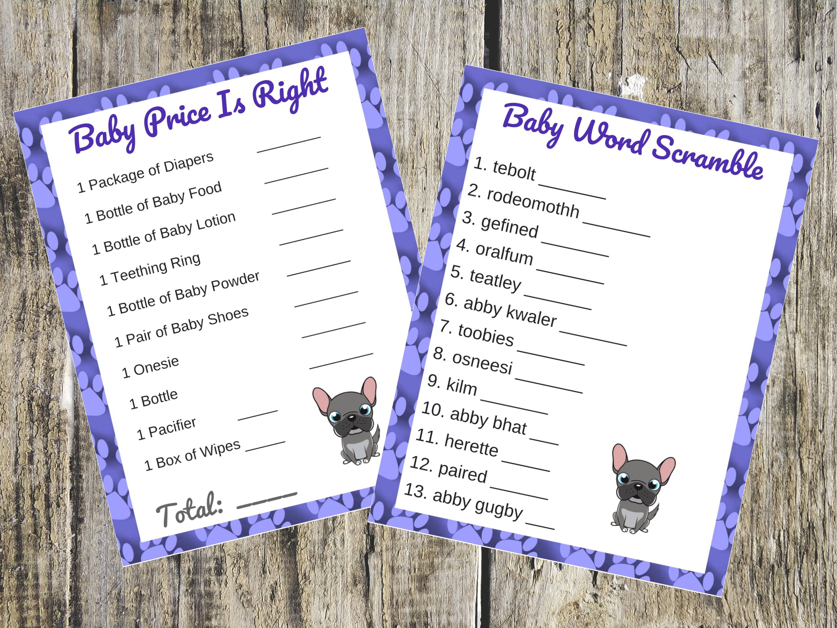 14 Printable French Bulldog Baby Shower Games & Answer Key Bundle, Baby ...