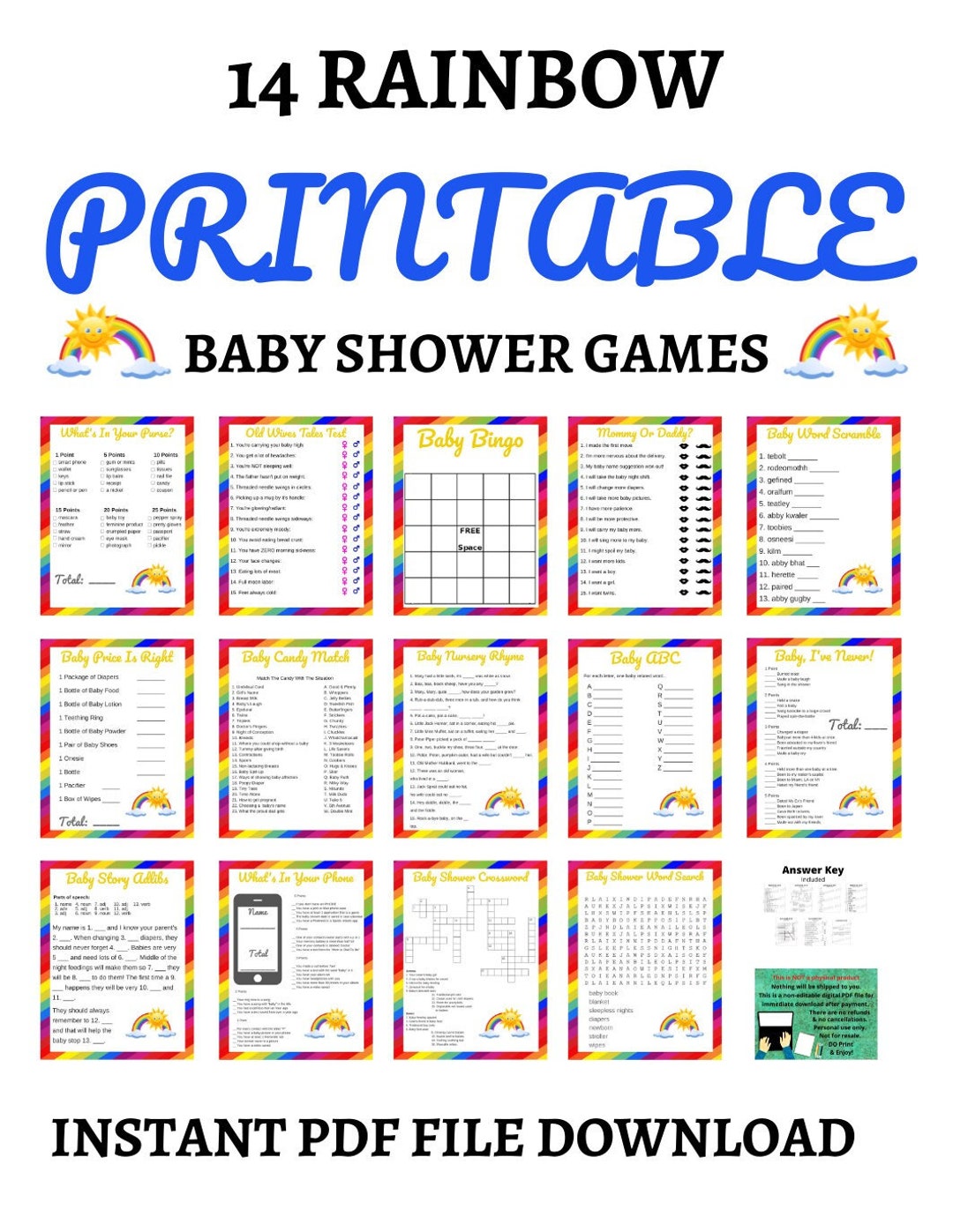 Rainbow Baby Shower Games, Printable, PDF, Download, Instant, Bundle ...