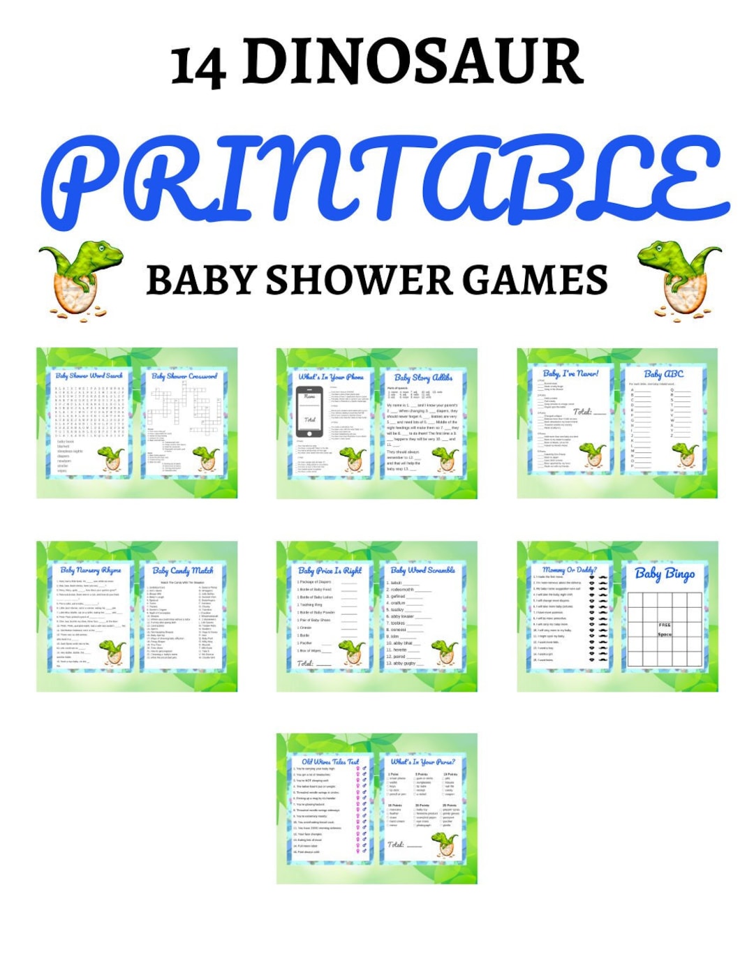 14 Dinosaur Baby Shower Games Printables and Answer Key Bundle - Etsy