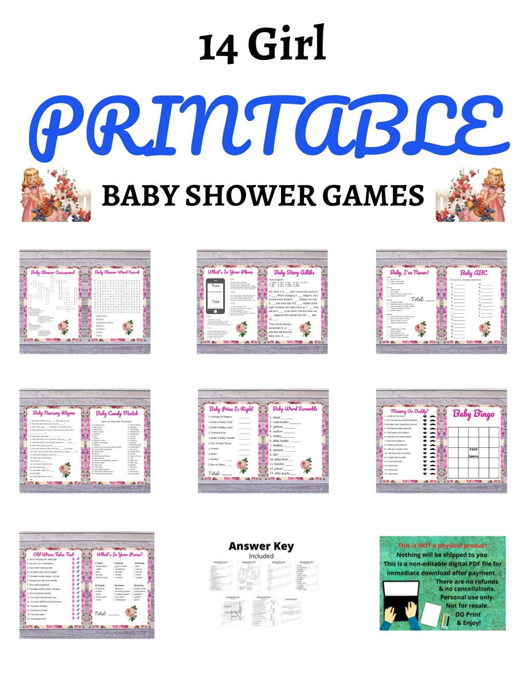 14 Baby Shower Games Printable Girl, Floral, Flowers, Downloadable ...