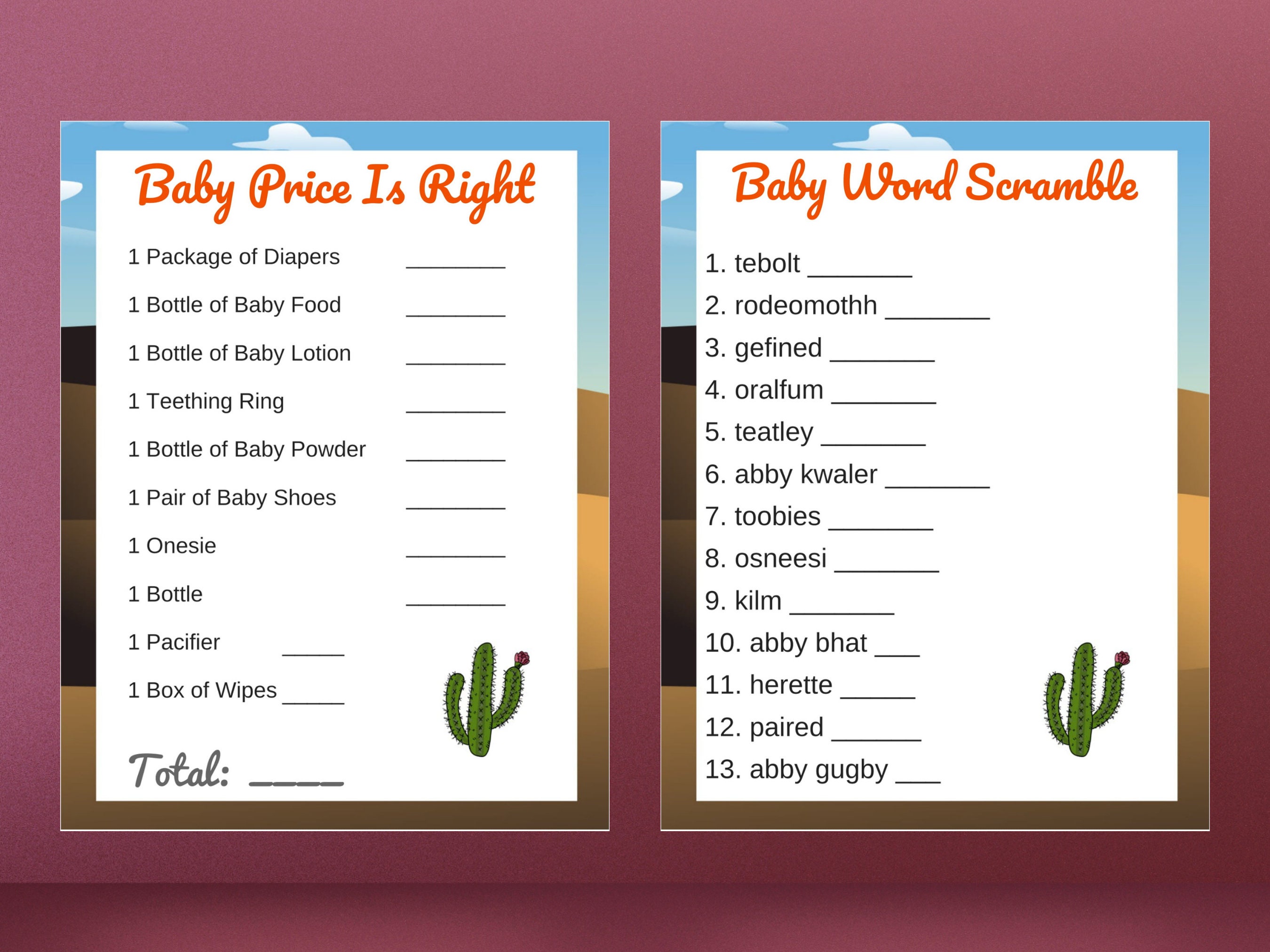 14 Baby Shower Games Printable Cactus Bundle Answer Key - Etsy