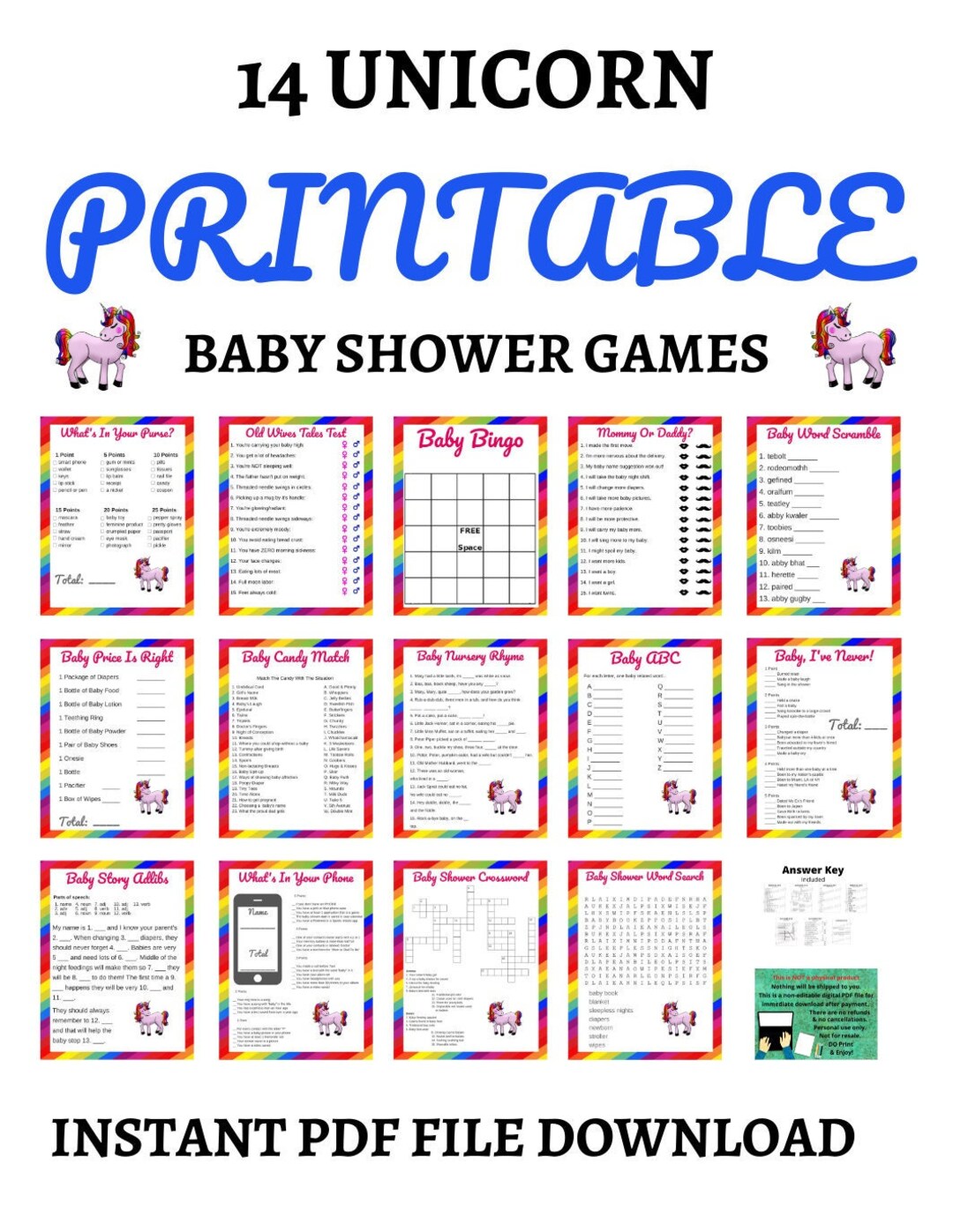Unicorn Baby Shower Games, 14 Printable Bundle With Answers, Baby ...