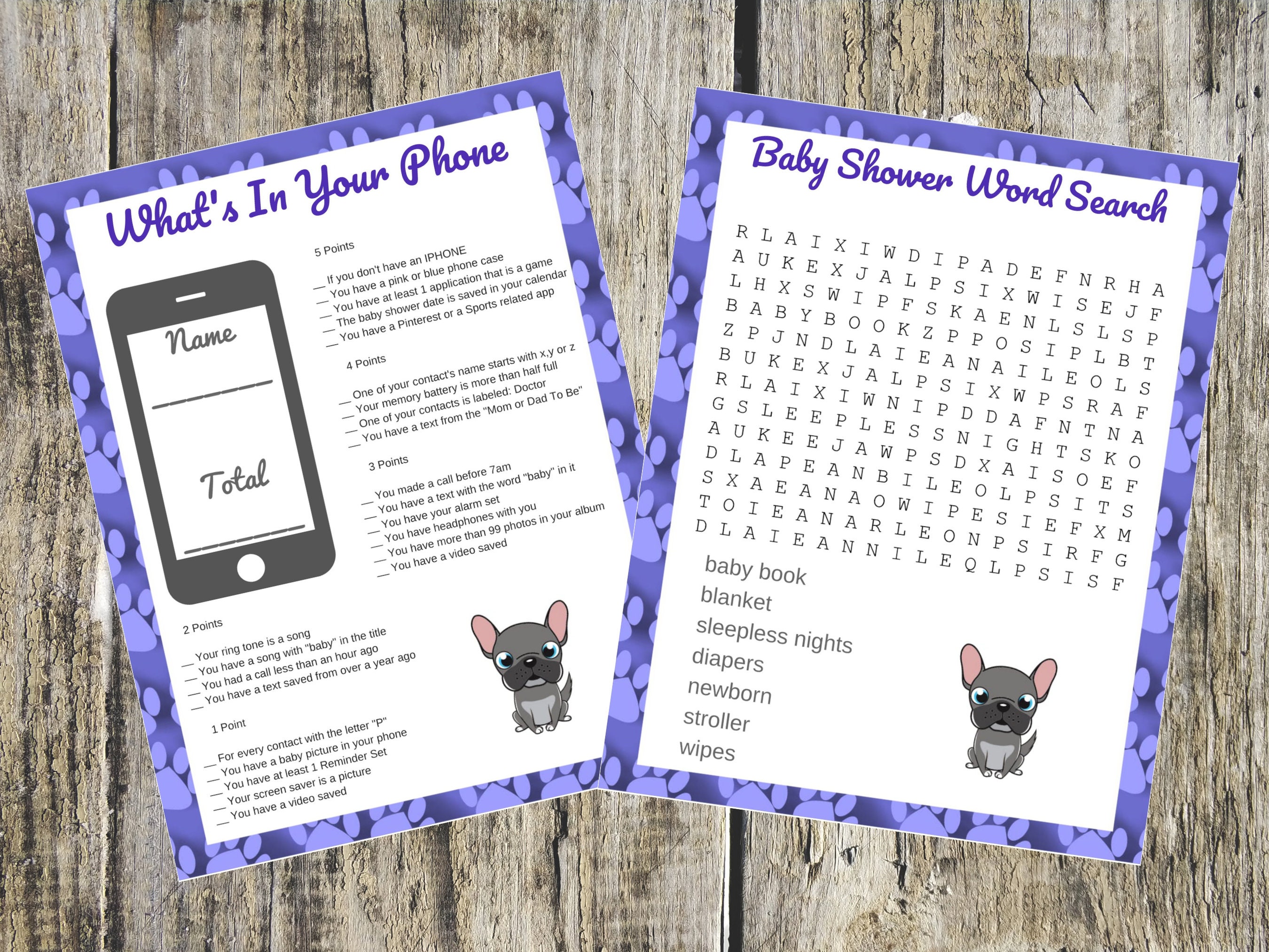14 Printable French Bulldog Baby Shower Games & Answer Key Bundle, Baby ...