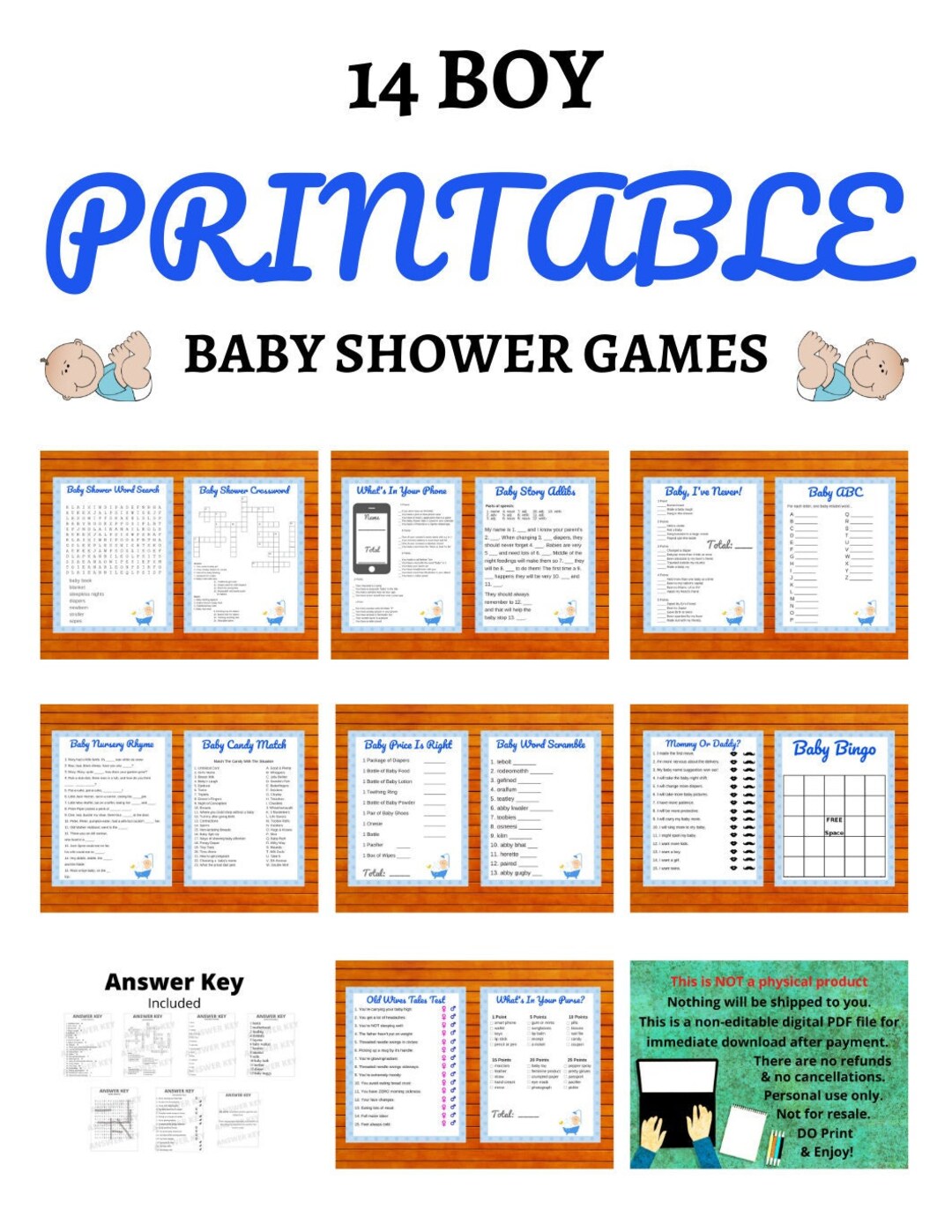 Baby Shower Games Printable Boy, 14 Game Bundle, Instant Dowload, PDF ...