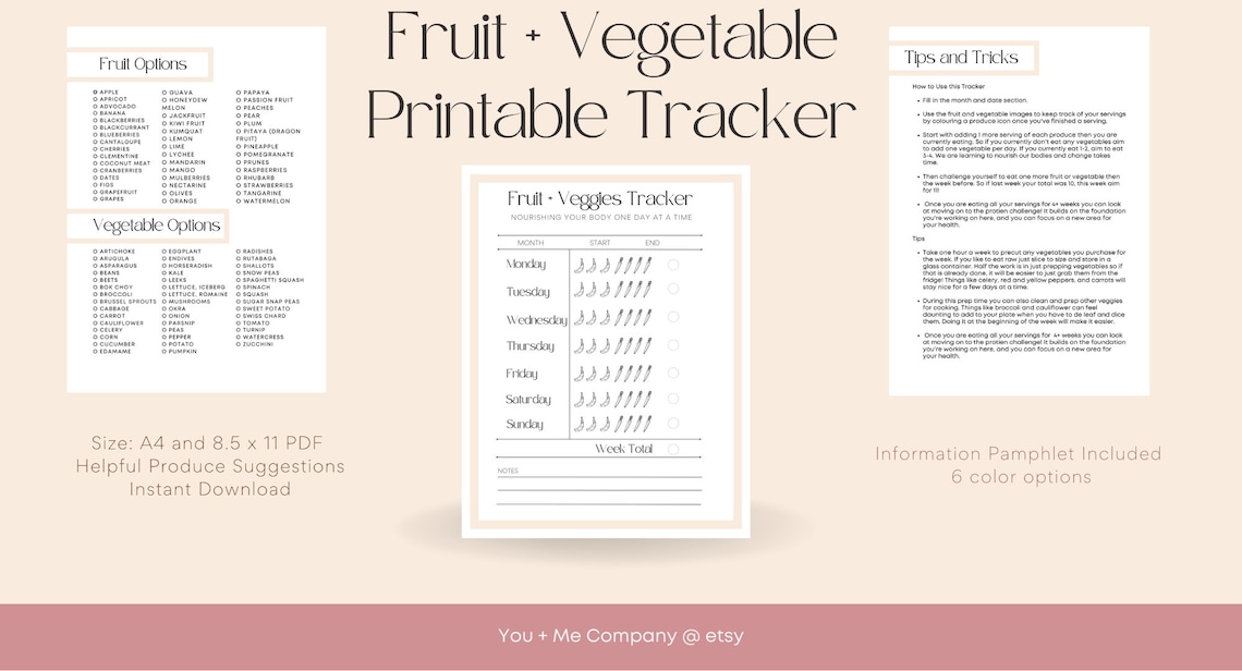 Printable Fruit and Vegetable Food Intake Tracker, Healthy Eating ...