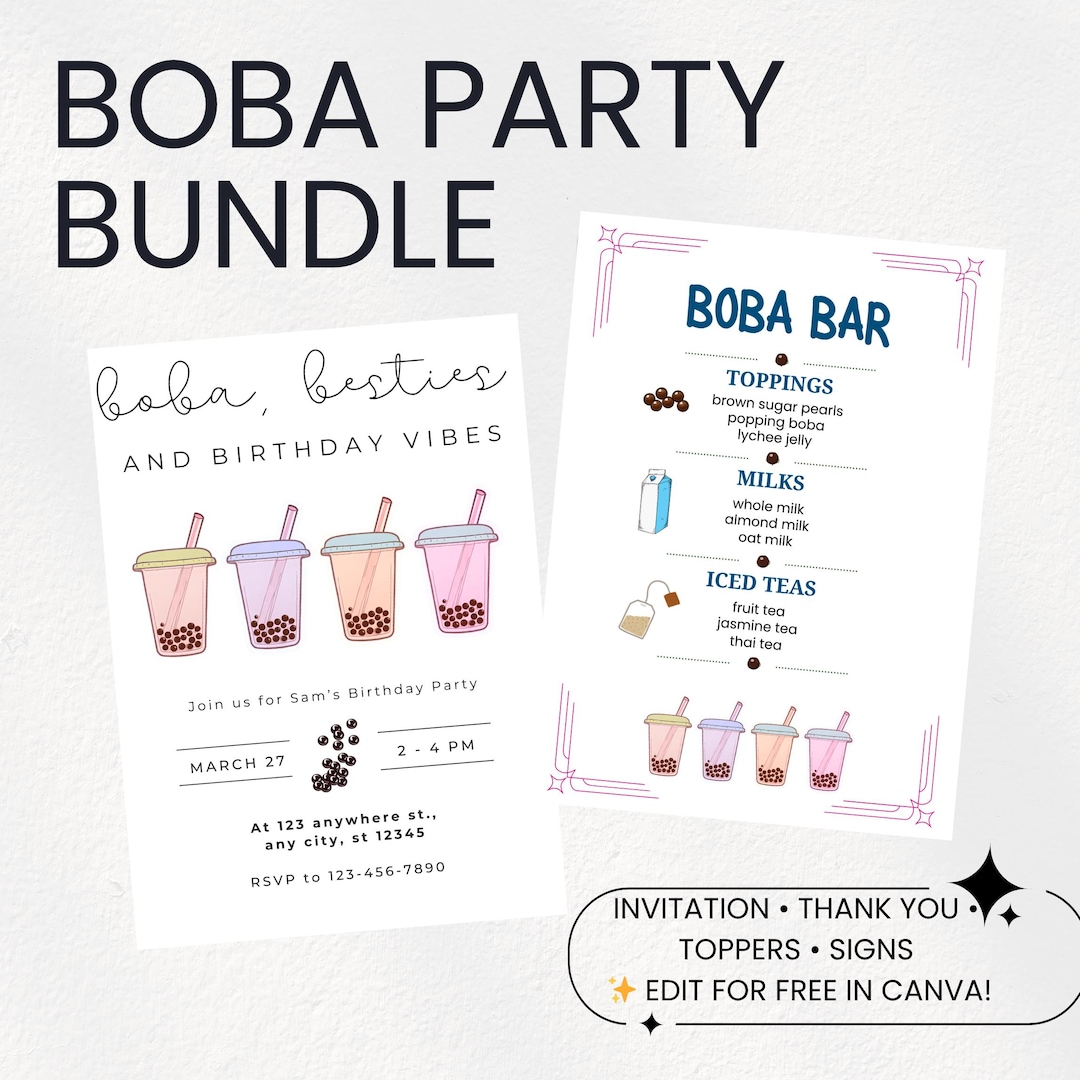 Boba Birthday Party Bundle | Printable Set | Invitation, Thank You Card ...