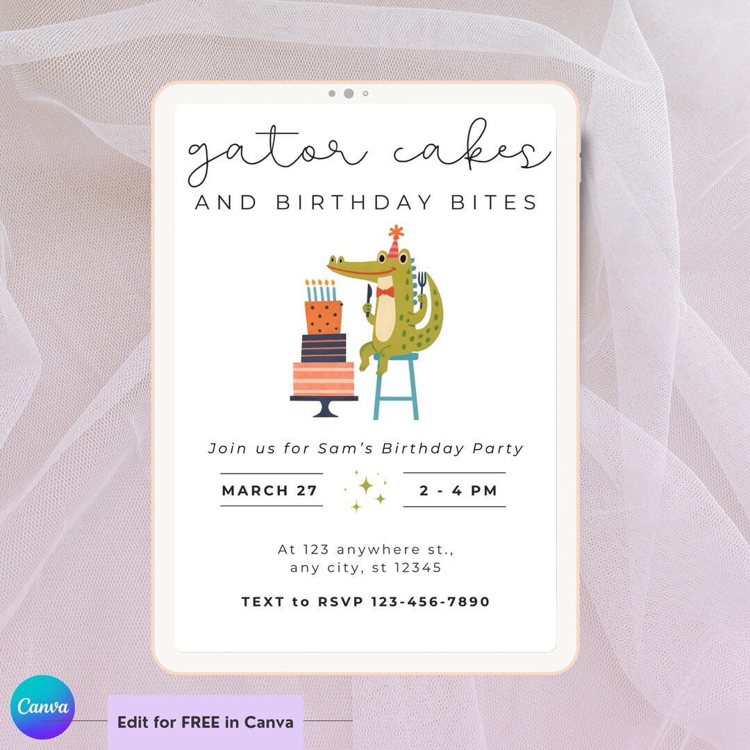 Alligator Birthday Invitation, Editable Canva Template, Cute Animal ...