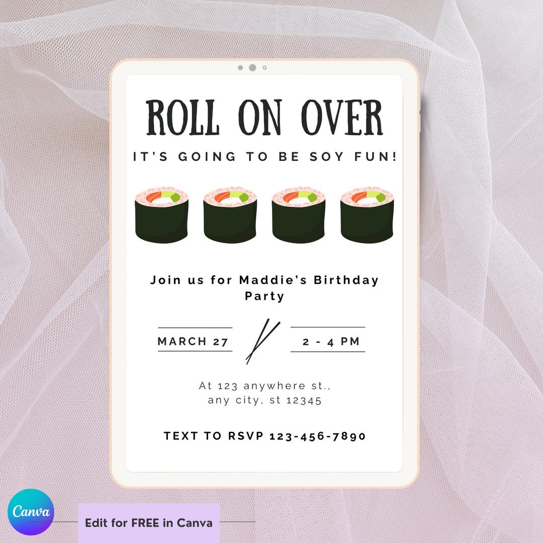 Sushi Birthday Invitation | Editable Sushi Party Invite | Roll on Over ...
