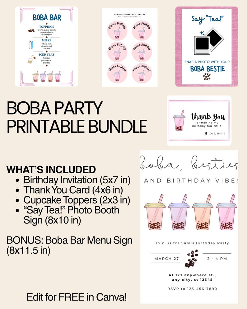 Boba Birthday Party Invitation | Bubble Tea Birthday Invite | Editable ...